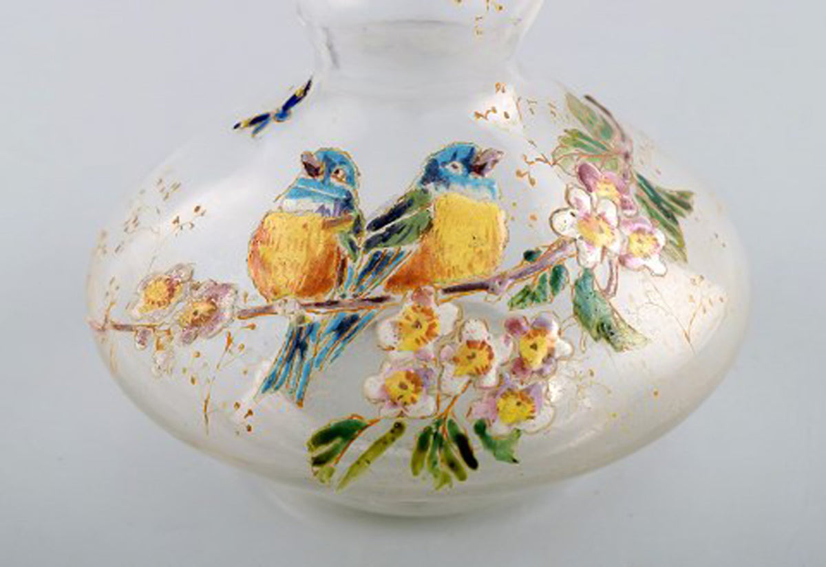 Legras, France. Carafe with hand painted enamel decoration in mouth bl ...